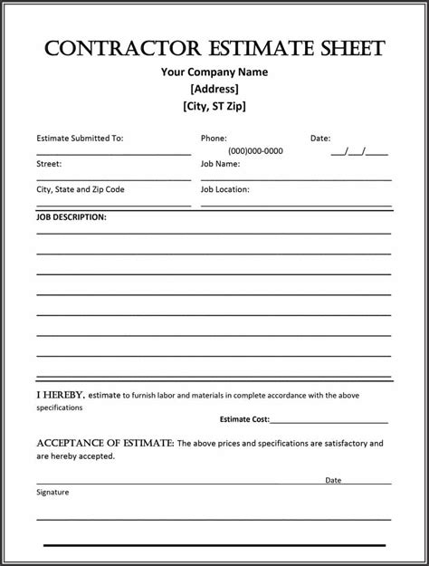 Free Estimate Template Forms Construction Repair Cleaning
