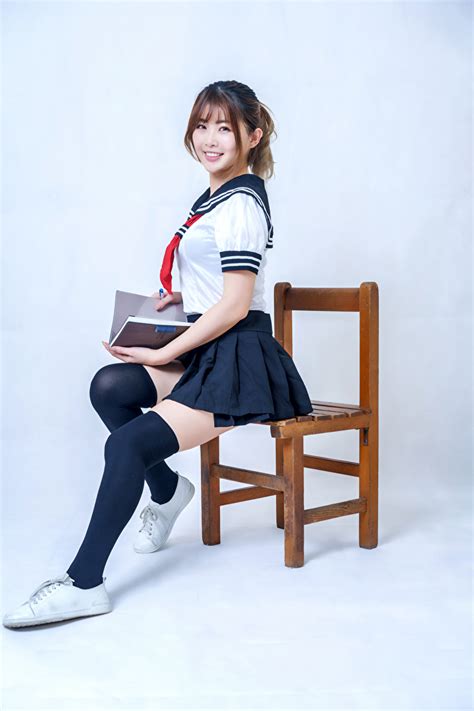 Photos Skirt Knee Highs Schoolgirl Smile Blouse Girls Legs Asiatic