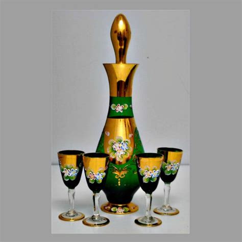 Vintage Murano Glass Enameled Decanter And Cordial Aperitif Etsy
