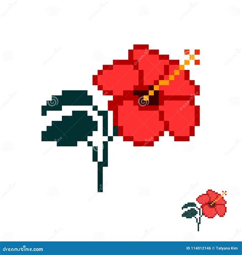Flower In The Style Of Pixel Art Red Hibiscus Stock Illustration