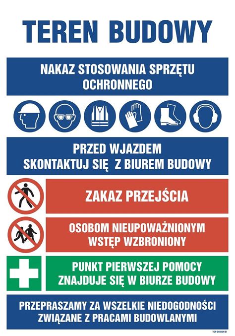 Znak Teren budowy Nakaz stosowania sprzętu ochronnego przed wjazdem