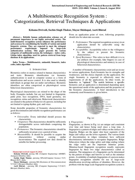 a multibiometric recognition system categorization retrieval techniques and applications pdf