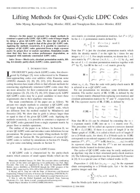 pdf lifting methods for quasi cyclic ldpc codes seho myung