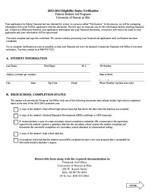 Fillable Online Hilo Hawaii Eligibility Status Verification 2013 2014