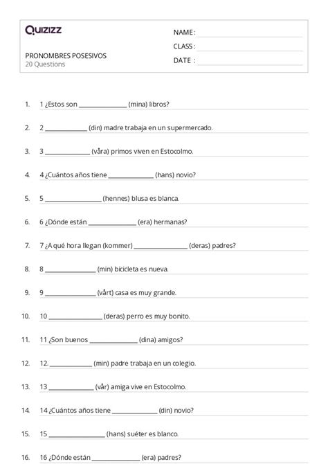 50 Pronombres Posesivos Hojas De Trabajo Para Grado 8 En Quizizz