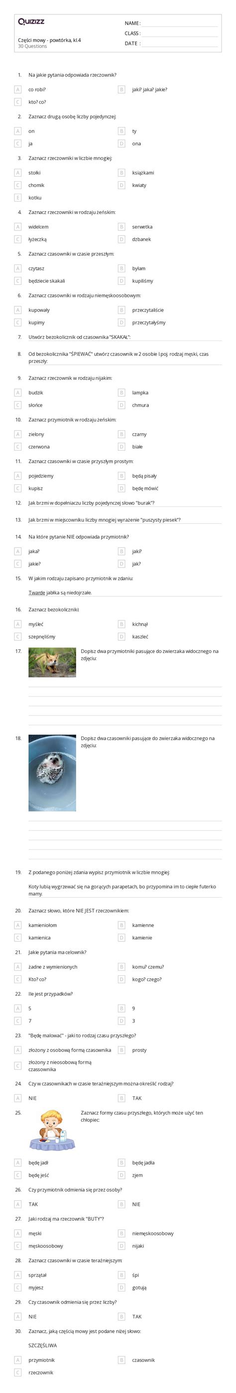 Ponad Rzeczowniki W Liczbie Pojedynczej Arkuszy Roboczych Dla Klasa