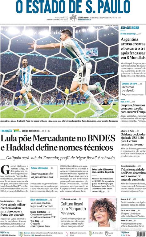 Capa Estadão Edição Quarta 14 de Dezembro de 2022