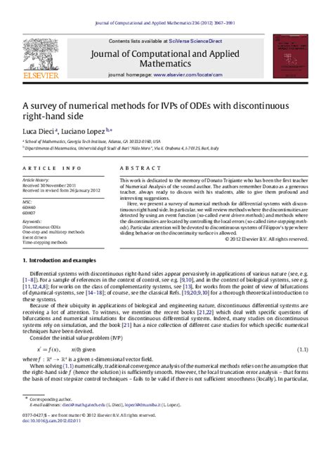 pdf a survey of numerical methods for ivps of odes with discontinuous right hand side