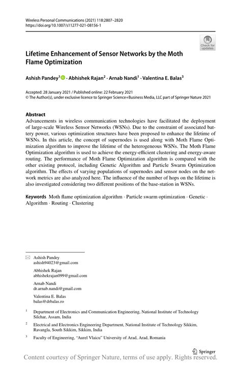 lifetime enhancement of sensor networks by the moth flame optimization request pdf