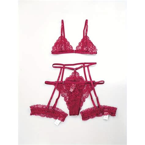 Yj Plus Size Sexy Lingerie Set Womens Plus Floral Lace Scallop Trim Sheer Bra And Panty And Garter