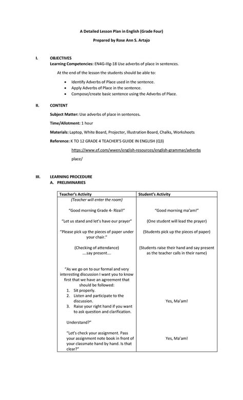 Detailed Lesson Plan For Elementary A Detailed Lesson Plan In English