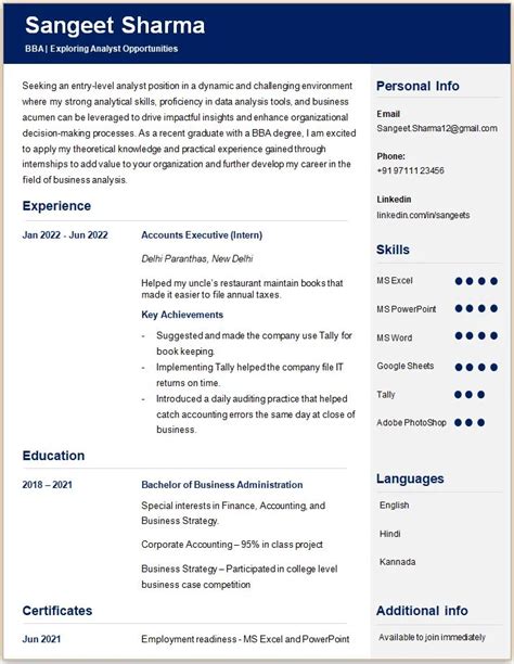 BBA BCA BCom BA Best Resume Format