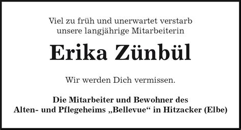 Das Trauerportal für Lüchow Dannenberg Todesanzeigen Erika Zünbül