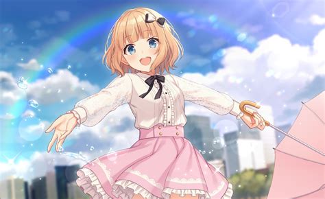 Anime Girls Short Hair Blonde Umbrella Blue Eyes Open Mouth Virtual Youtuber Shiromikan