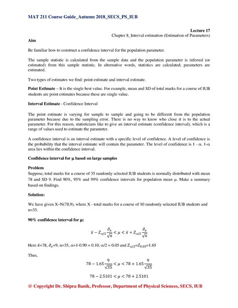 lec 17 assignment lecture 17 chapter 8 interval estimation estimation of parameters aim be