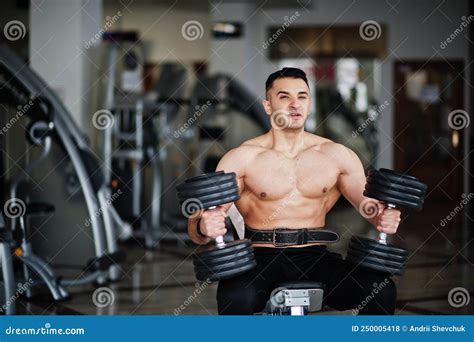Muscular Arab Man Training In With Dumbbells Modern Gym Fitness