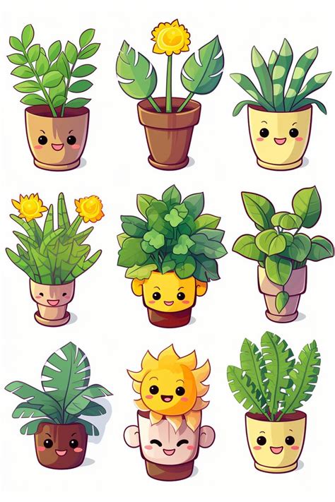 Cartoon Potted Plants With Different Faces And Expressions On Them All