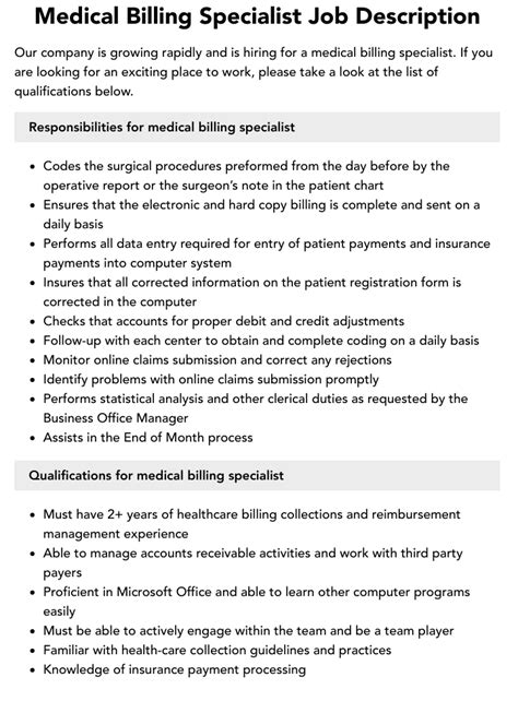 Medical Billing Specialist Job Description Velvet Jobs