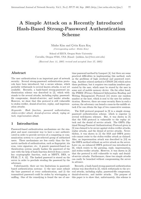 pdf a simple attack on a recently introduced hash based strong password authentication scheme