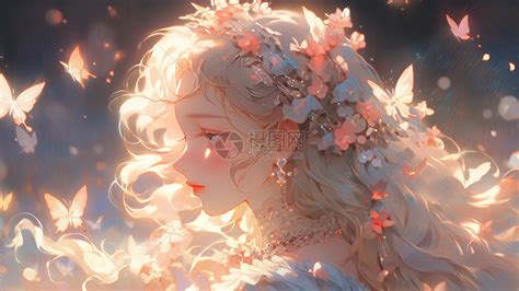 长发满头蝴蝶和花朵唯美二次元女孩插画图片下载 正版图片402498256 摄图网