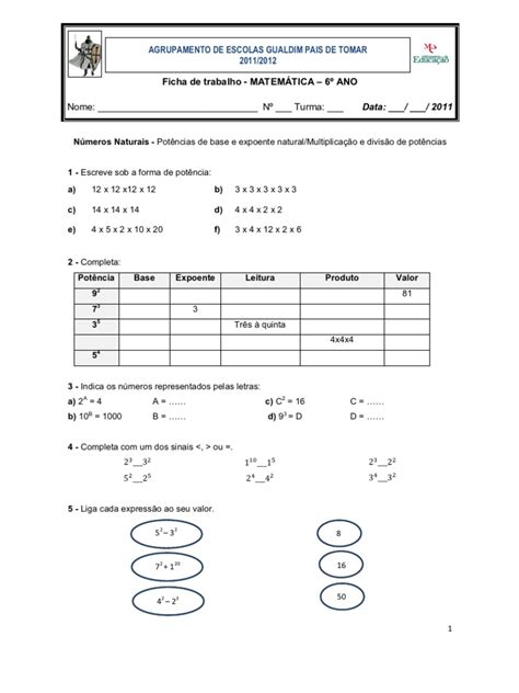 Ficha de trabalho potências multiplicação divisão