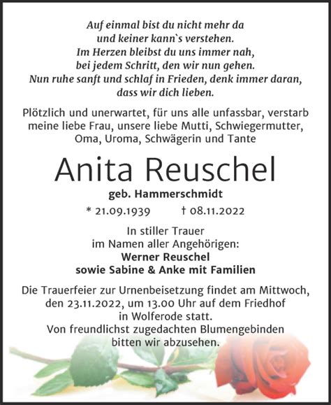 Traueranzeigen Von Anita Reuschel Abschied Nehmen De