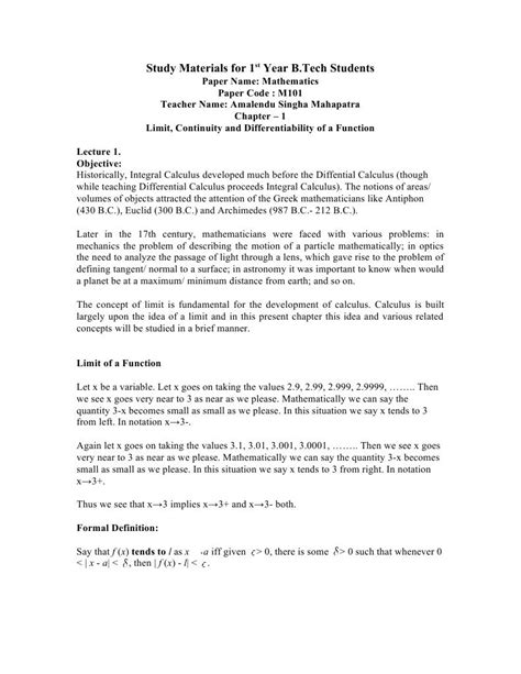 btech 1st sem maths limit continuity and differentiability pdf continuous function derivative