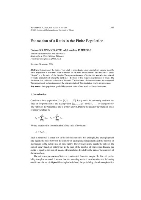 pdf estimation of a ratio in the finite population danute krapavickaite