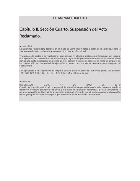 EL Amparo Directo Suspensión DEL ACTO Reclamado EL AMPARO DIRECTO