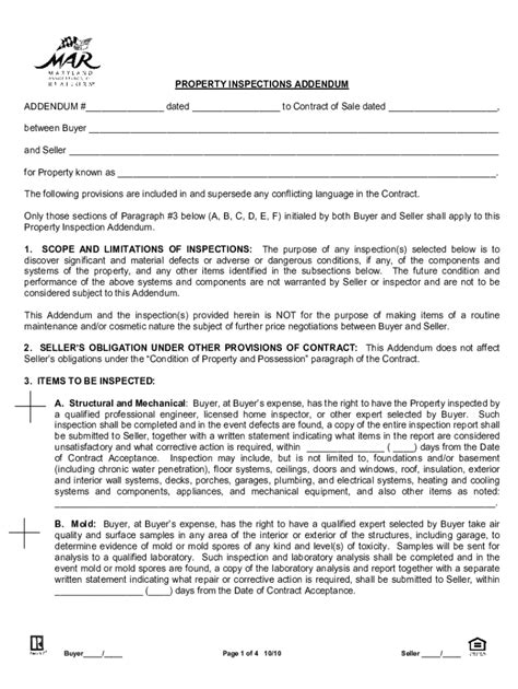 Maryland Property Inspection Addendum Form Fill Out Sign Online Dochub