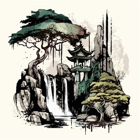 Premium Vector Watercolor Painting Of Waterfall And Trees