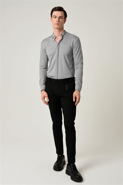 Antioch Gri Erkek Hakim Yaka Gizli Düğme Uzun Kollu Slim Fit Gömlek