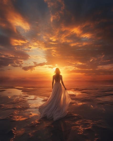 Premium AI Image A Woman In A White Dress Standing On The Beach At Sunset