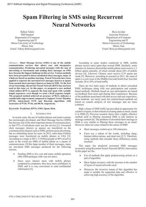 pdf spam filtering in sms using recurrent neural networks