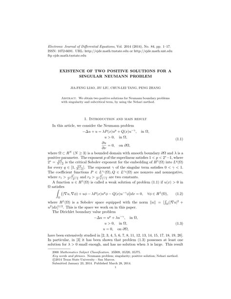 pdf existence of two positive solutions for a singular neumann problem