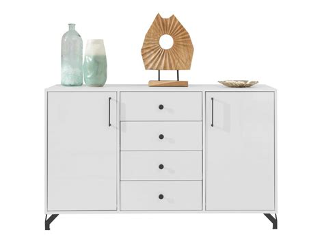 Commode Omaha L105 Blanc Brillant Blanc Avec Tiroirs Et Portes