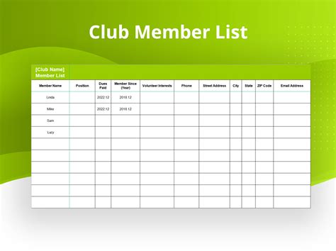 EXCEL Of Green Member List Xls WPS Free Templates