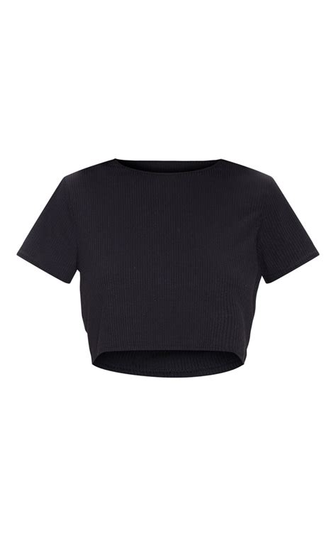 Black Rib Short Sleeve Crop T Shirt Tops Prettylittlething Aus