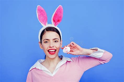 Happy Easter Young Woman In Rabbit Bunny Ears Portrait Of A Happy Woman In Bunny Ears Stock