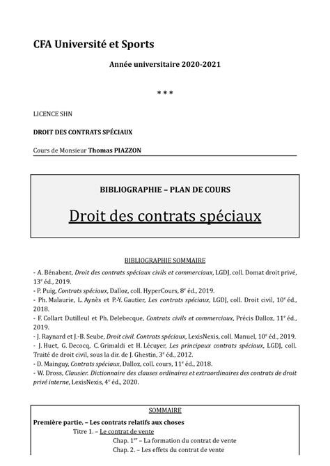 Cours droit civil contrats spéciaux CFA Université et Sports Année