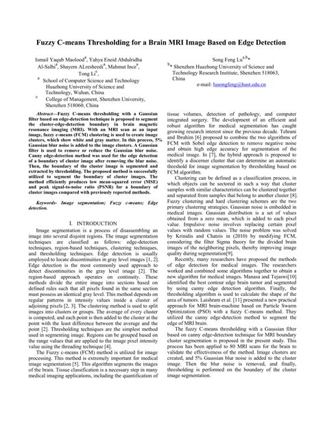 pdf fuzzy c means thresholding for a brain mri image based on edge detection
