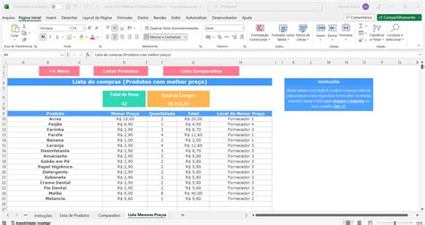 Planilha de Lista de Compras Comparativo de Preços Loja Excel Easy