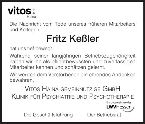 Traueranzeigen von Fritz Keßler Trauer HNA de