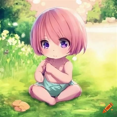 Anime Very Small Baby And Quiet Girl With Short Light Pink Hair In An