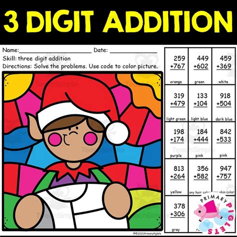 CHRISTMAS 3 DIGIT ADDITION WITH REGROUPING COLOR BY NUMBER CODE ELF By