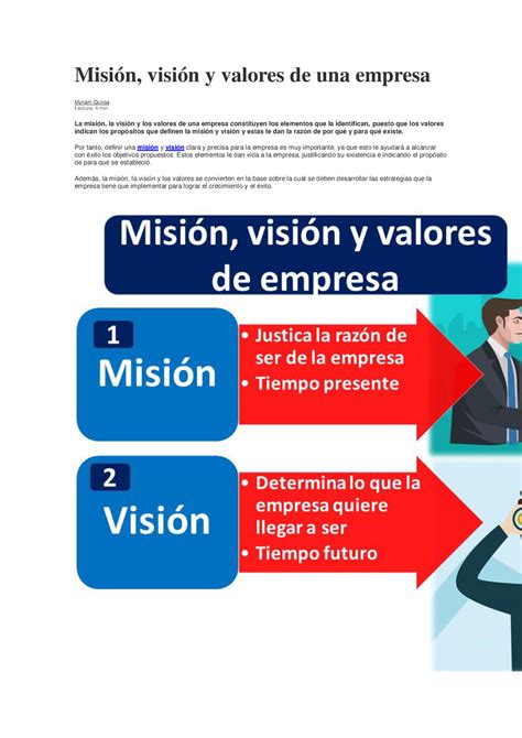 Mision y vision y valores Misión visión y valores de una empresa