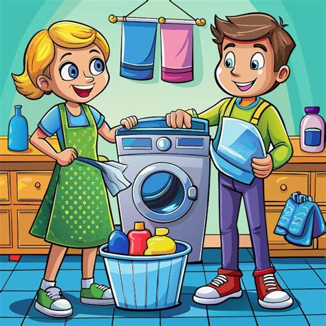 Una ilustración de dibujos animados de un niño y una niña lavando ropa