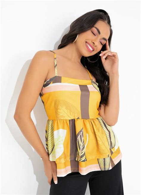 Blusa Folhagem Amarela Babados e Alças Queima de Estoque