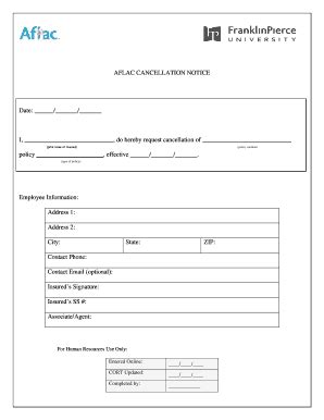 Fillable Online Eraven Franklinpierce AFLAC CANCELLATION NOTICE Date