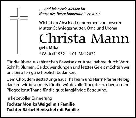 Traueranzeigen Von Christa Mann Trauer Anzeigen De